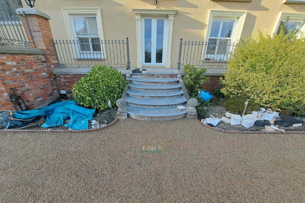 Tar and Chip Driveway, Limestone Slabbed Steps and Porcelain Patio in ...